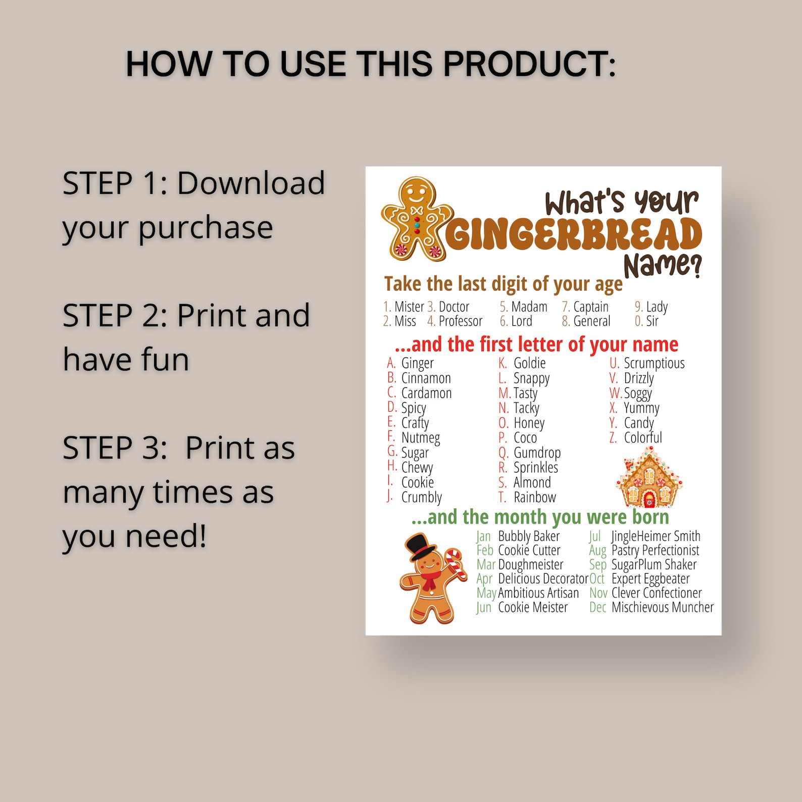 What's Your Gingerbread Name Game WITH NAMETAGS SIGN, Gingerbread Party ...