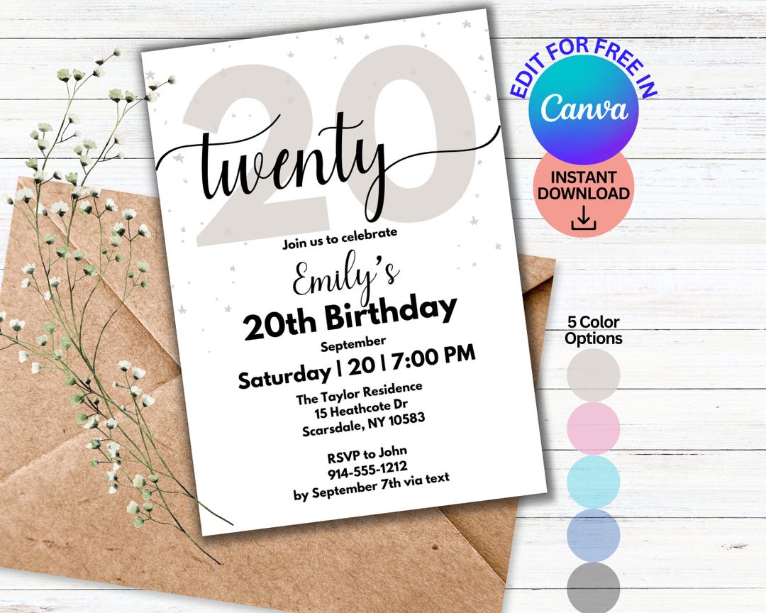 20th Birthday Invitations, Editable 20th Bday Party Invite, Born in ...