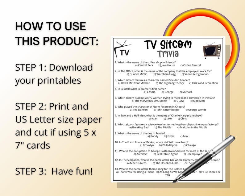 TV Sitcom Trivia Game, Television Trivia Quiz,printable Game for Kids ...