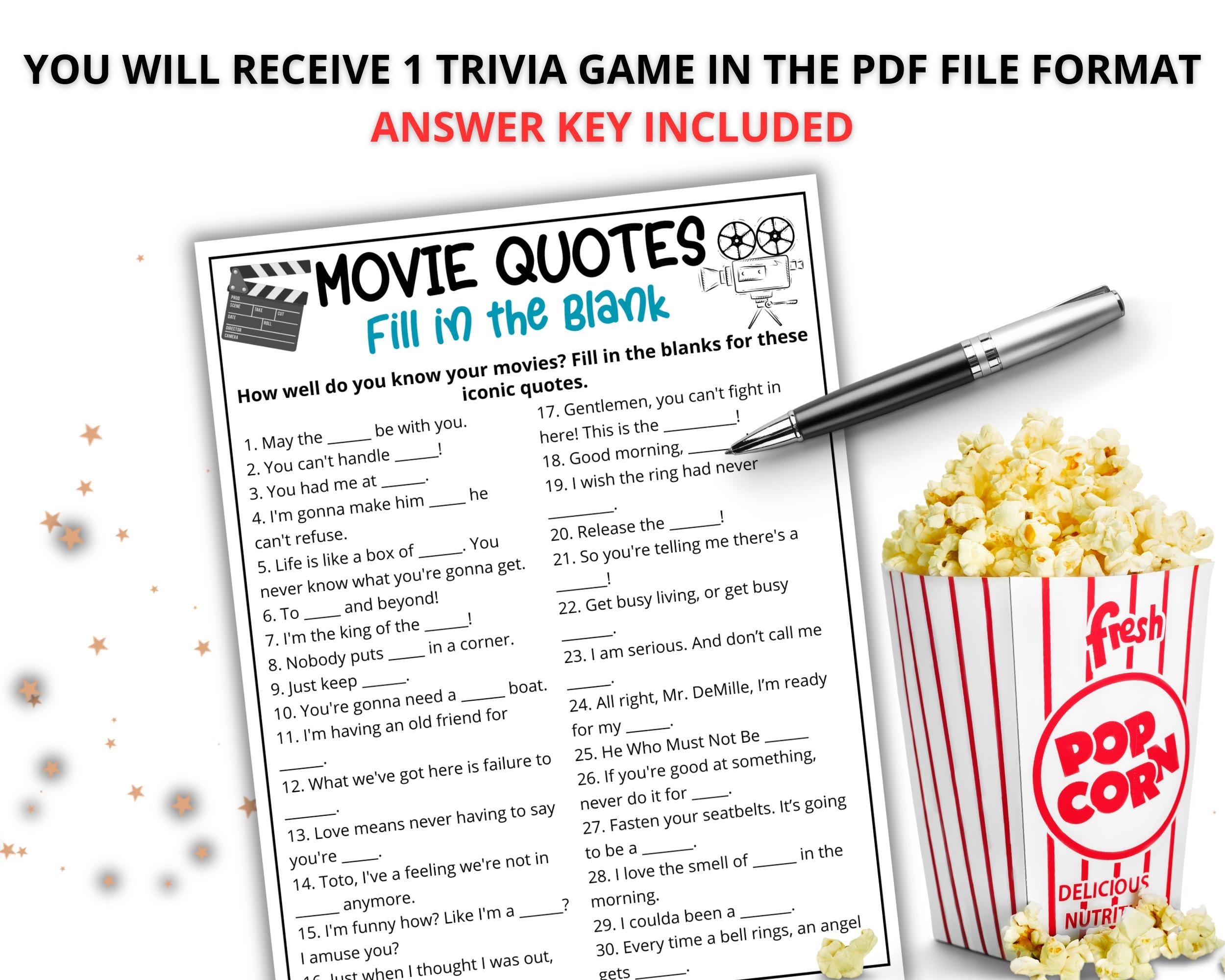 Famous Movie Quotes Trivia Game, Silver Screen Quiz Party, Iconic Movie ...