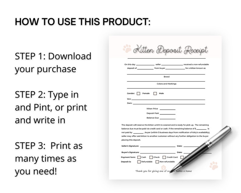 Kitten Deposit Receipt Cat Breeder Forms Printable PDF - Etsy