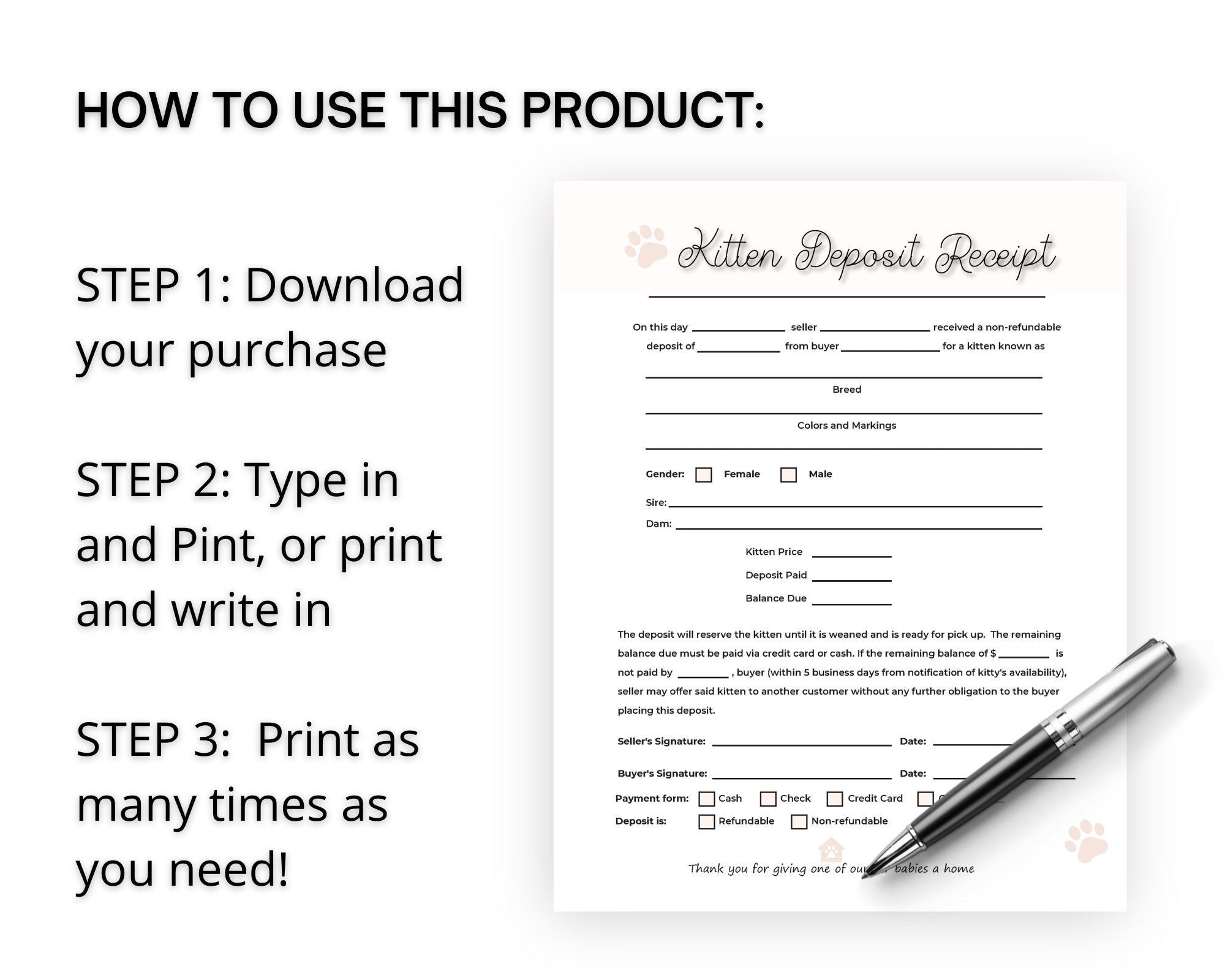 Kitten Deposit Receipt Cat Breeder Forms Printable PDF - Etsy UK