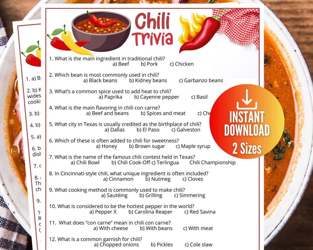 Chili Trivia Game, Printable Chili Cookoff Game for Kids & Adults ...
