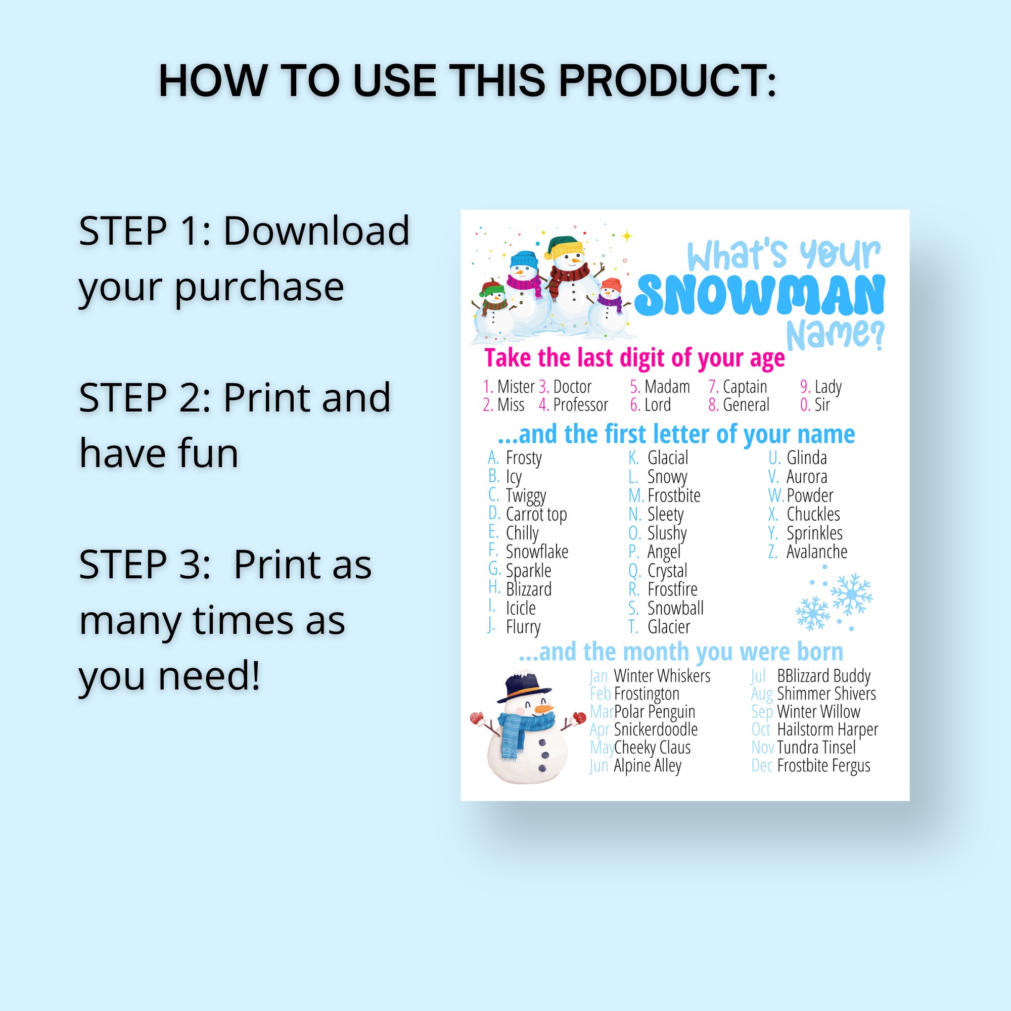 What's Your Snowman Name Game WITH NAMETAGS SIGN, Winter Christmas ...