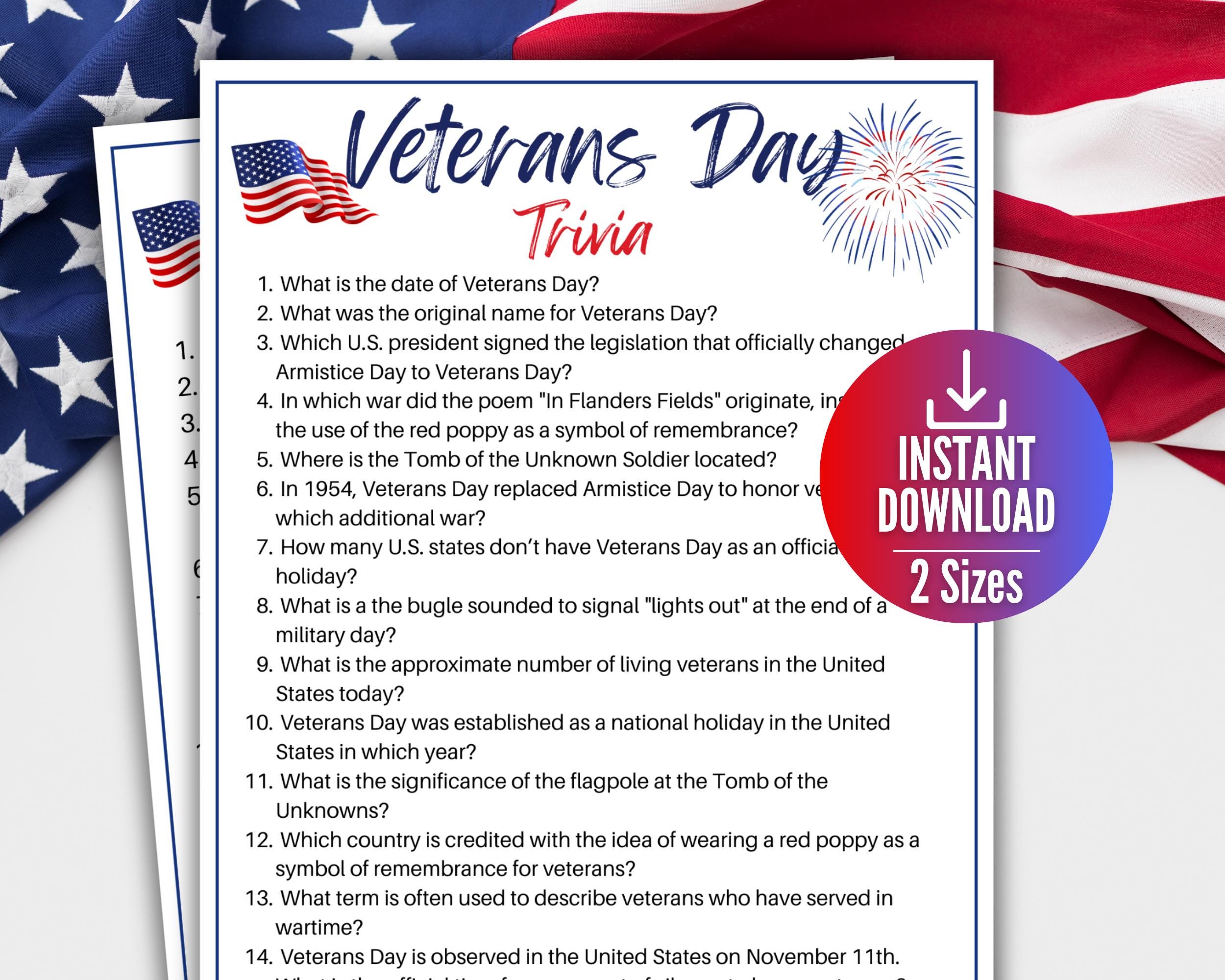 Veterans Day Trivia, Veterans Day Trivia Game, President's Day Trivia ...