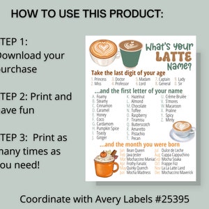 What's Your Latte Name Game WITH NAMETAGS + SIGN, Brunch Party Game ...