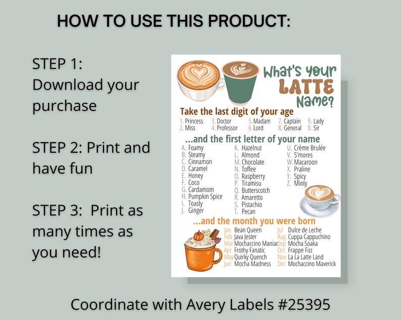 What's Your Latte Name Game WITH NAMETAGS + SIGN, Brunch Party Game ...