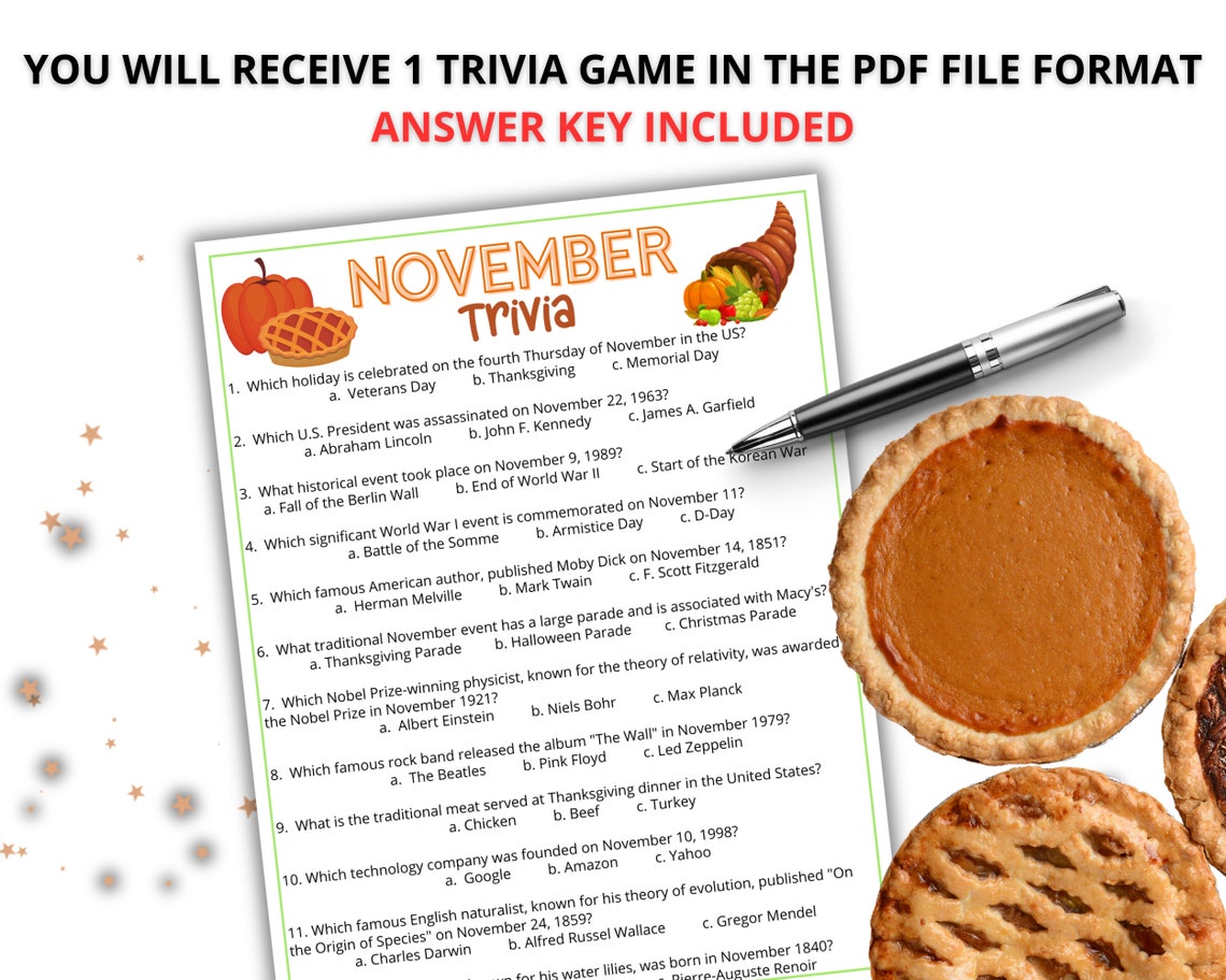 November Trivia Game, Fall Season Game, Autumn Party Game, Monthly Fall ...