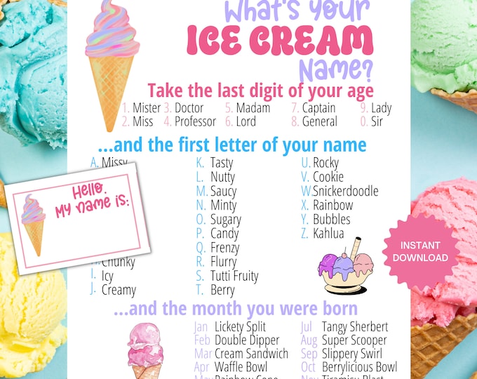 What's Your Ice Cream Name Game WITH NAMETAGS + SIGN | Ice Cream Party ...