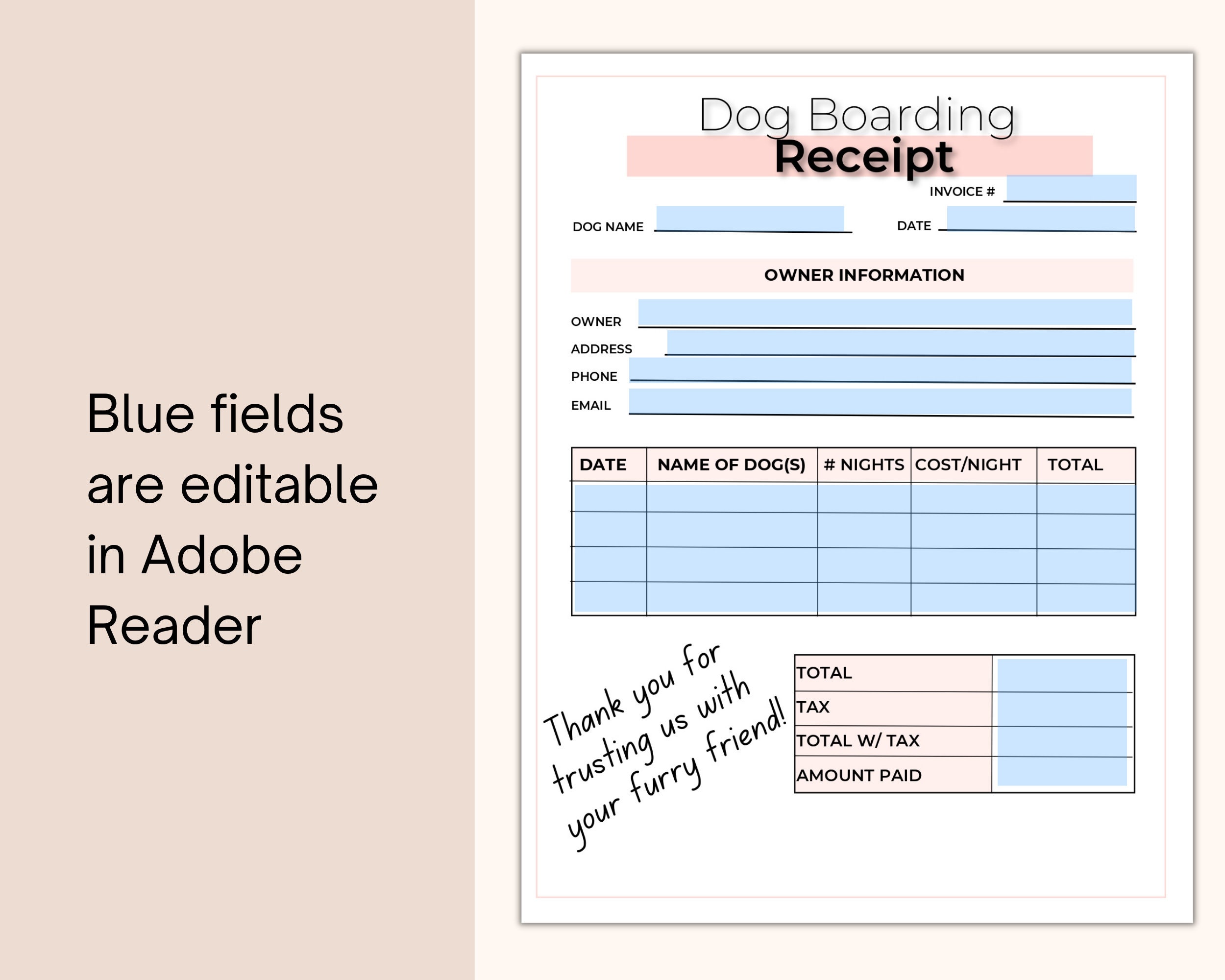 Dog Boarding Invoice, Dog Boarding Receipt Editable PDF D001 - Etsy