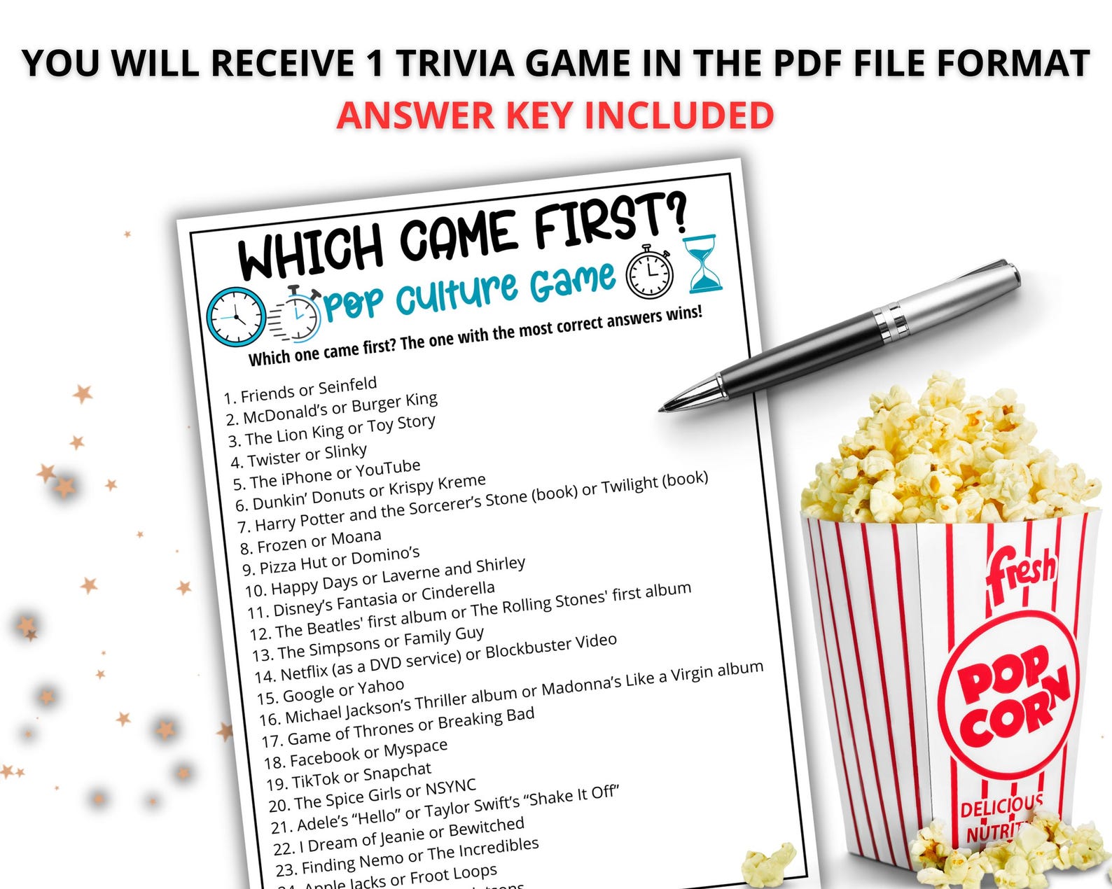 Pop Culture Trivia Game, Guess Which Came First Quiz,printable Game for ...