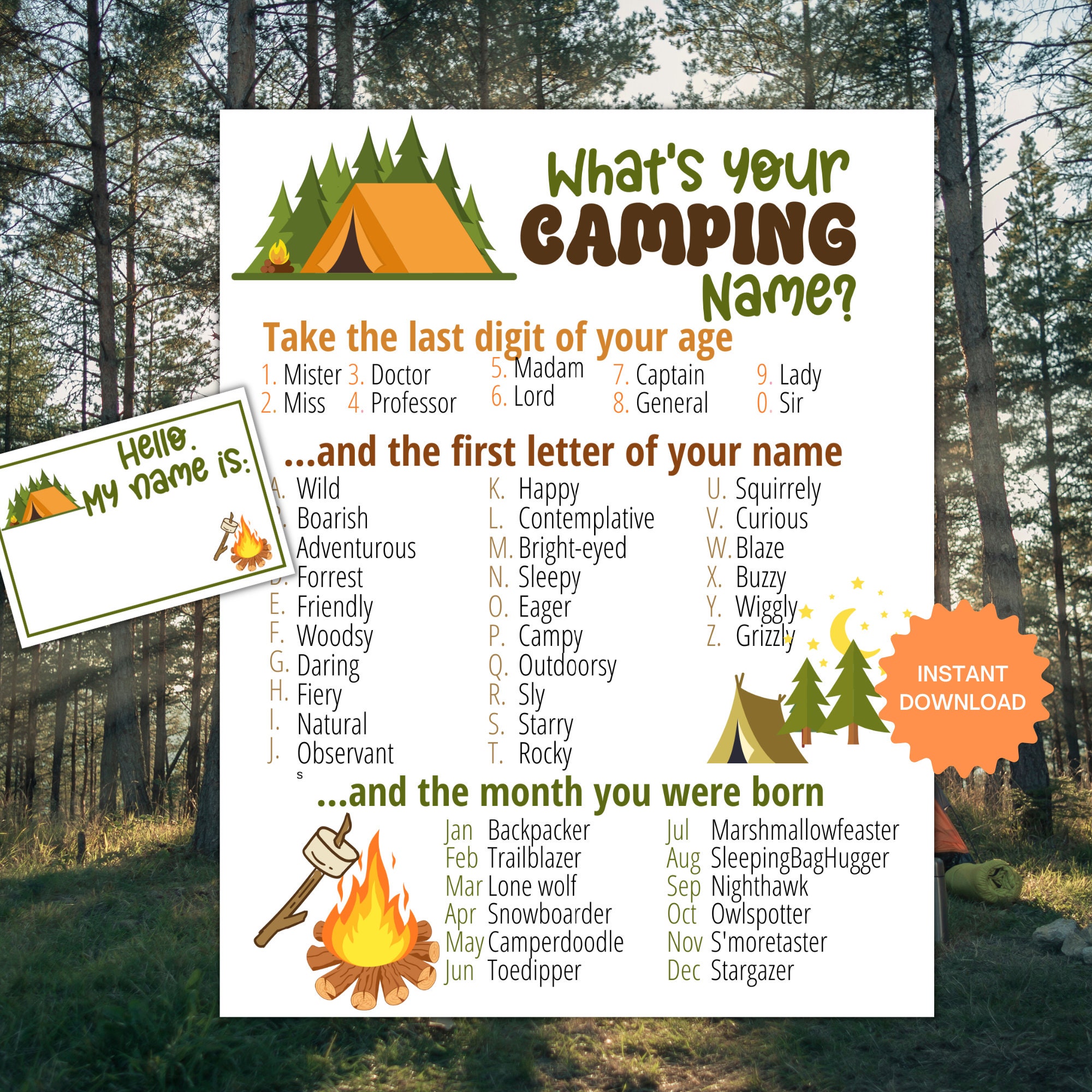 What s Your Camping Name Game WITH NAMETAGS SIGN Etsy What s Your Camping Name Game WITH NAMETAGS SIGN Etsy