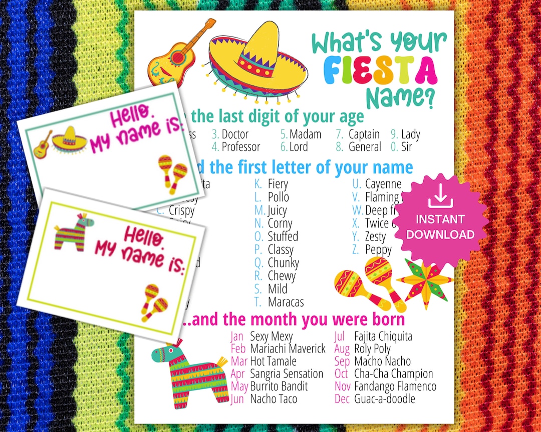 What's Your Fiesta Name Game WITH NAMETAGS + SIGN, Cinco De Mayo Party ...
