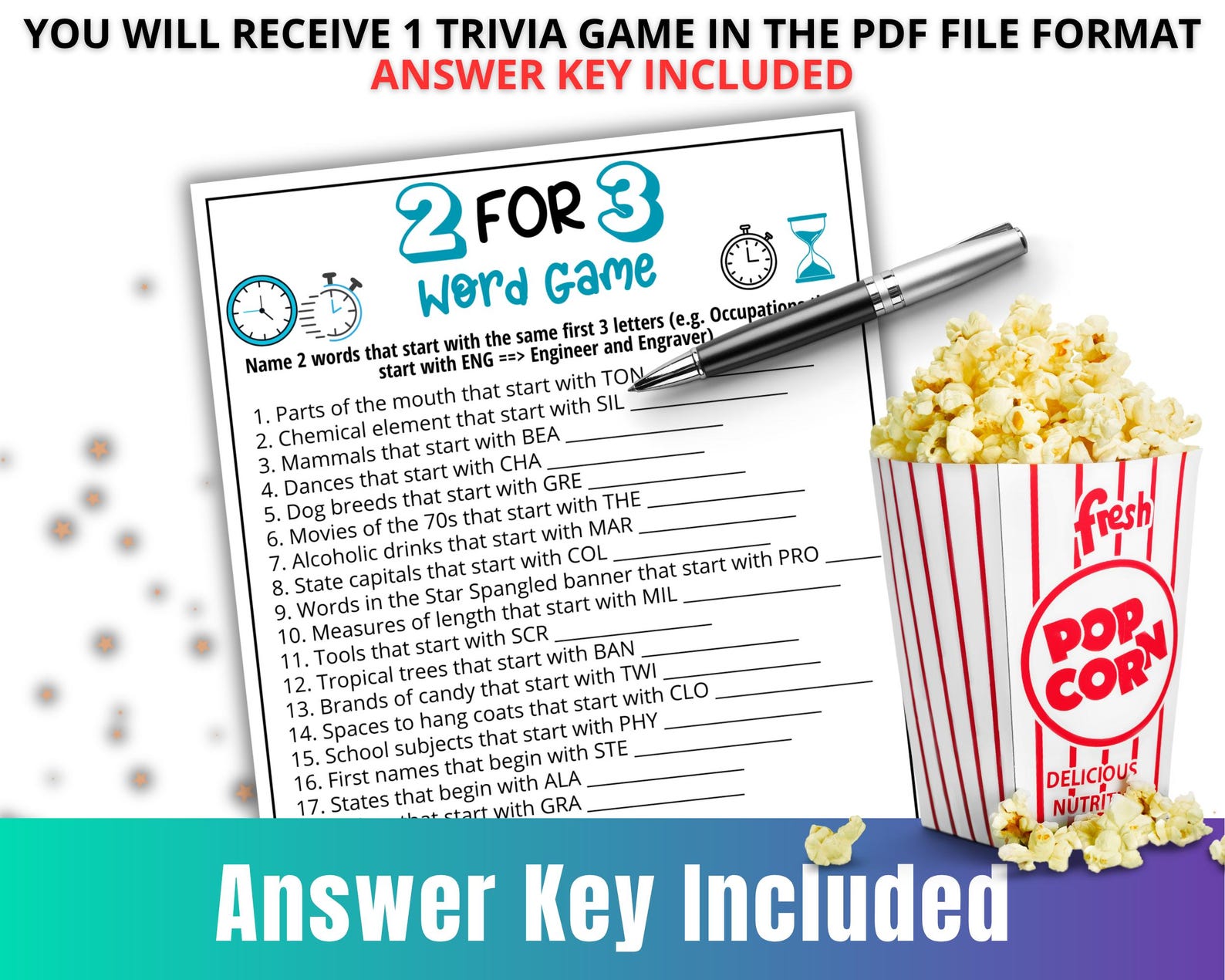 Pop Culture Trivia Game, First 3 Letters Word Quiz,printable Game for ...