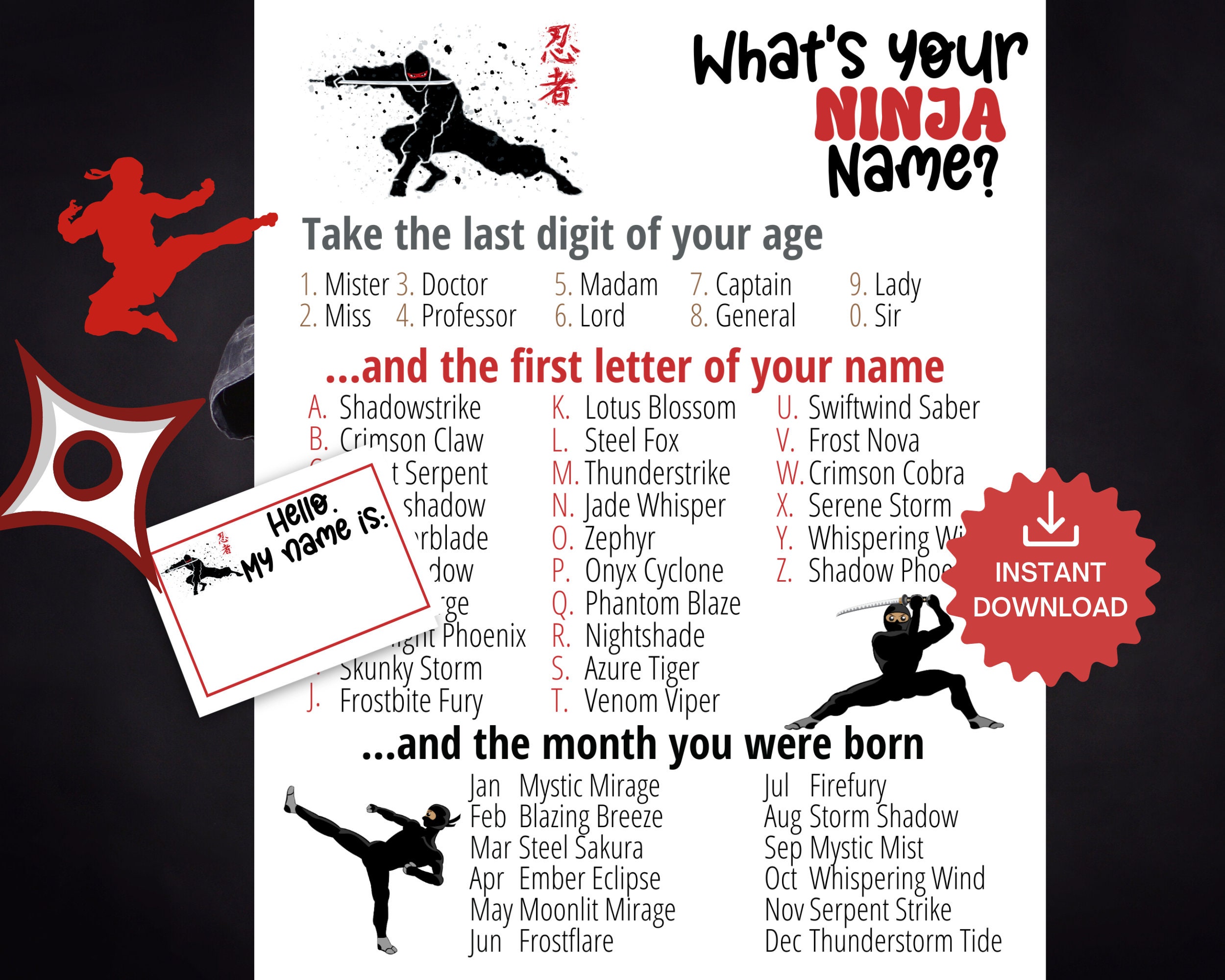 What's Your Ninja Name Game WITH NAMETAGS SIGN, Ninja Theme Party Game ...
