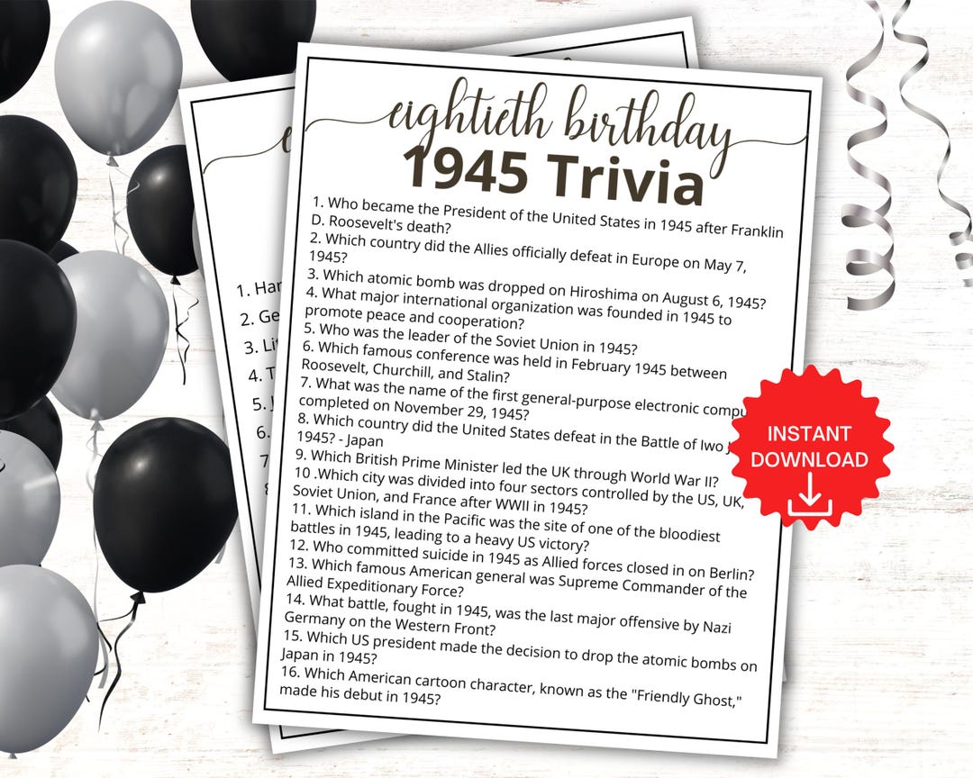 1945 Trivia Game, 80th Birthday Party Games, Born in 1945 Game, 1945 ...