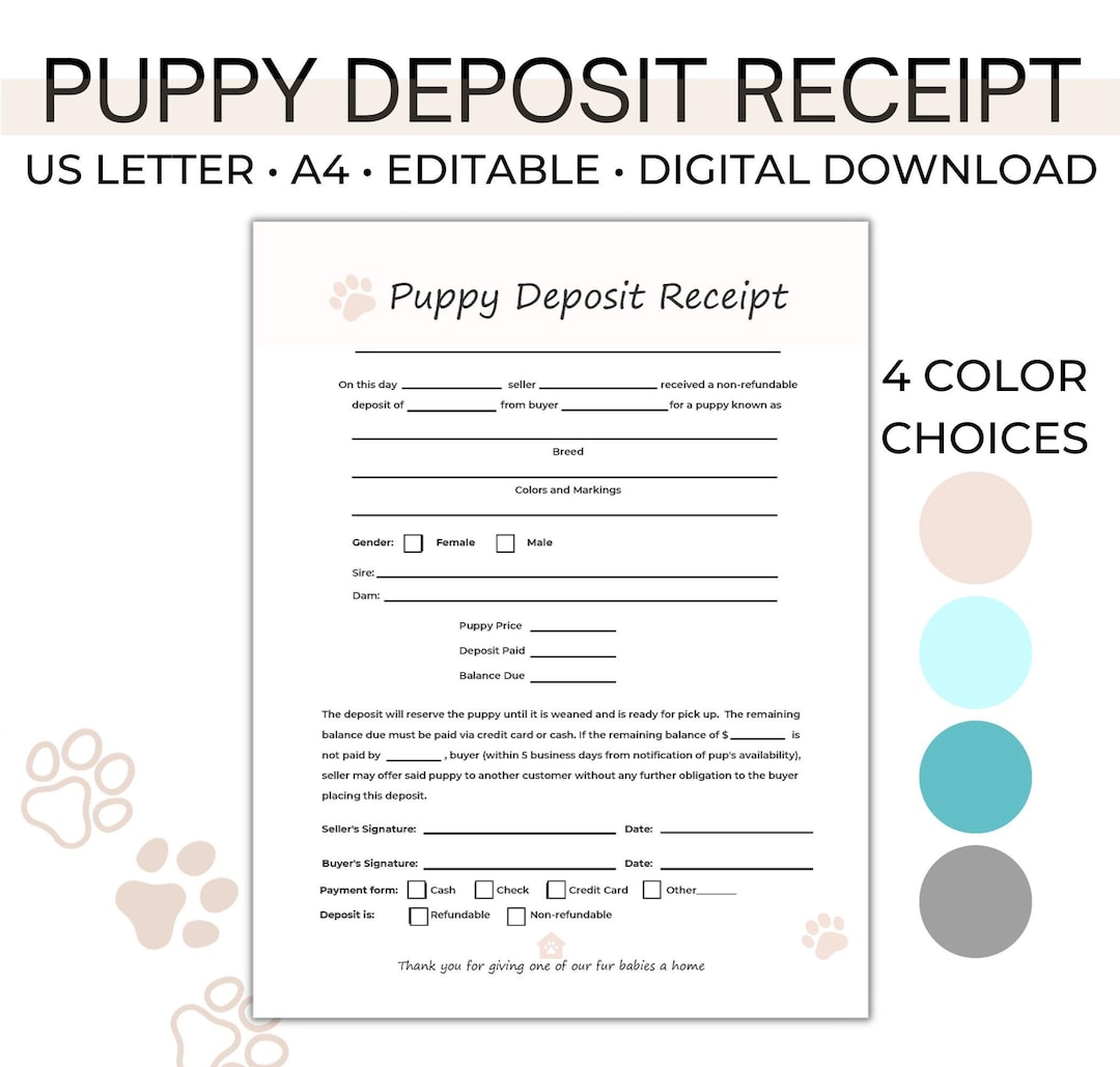 Puppy Deposit Receipt, Dog Breeder Forms, Best Selling Puppy Deposit ...