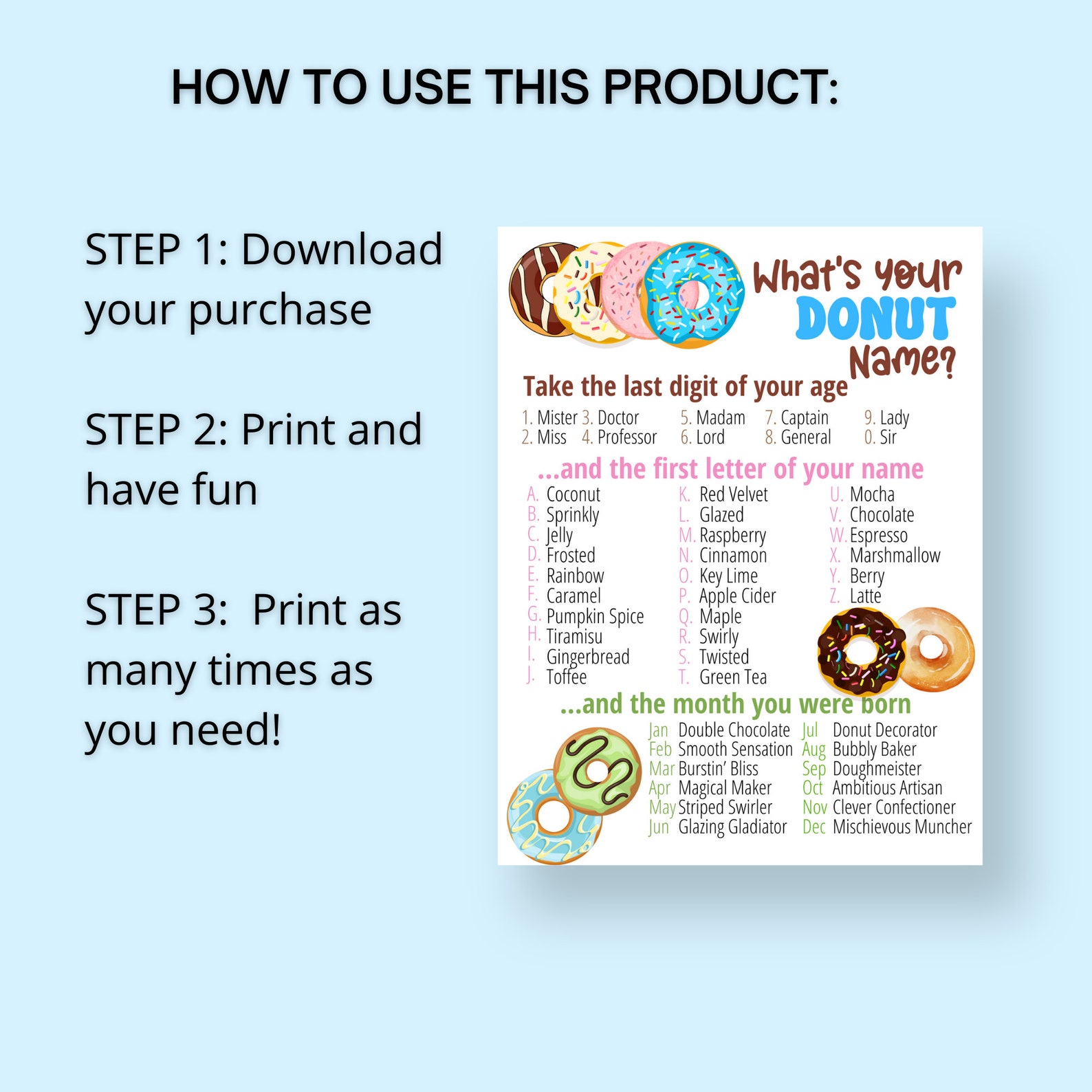 What's Your Donut Name Game WITH NAMETAGS SIGN, Donut Party Game ...