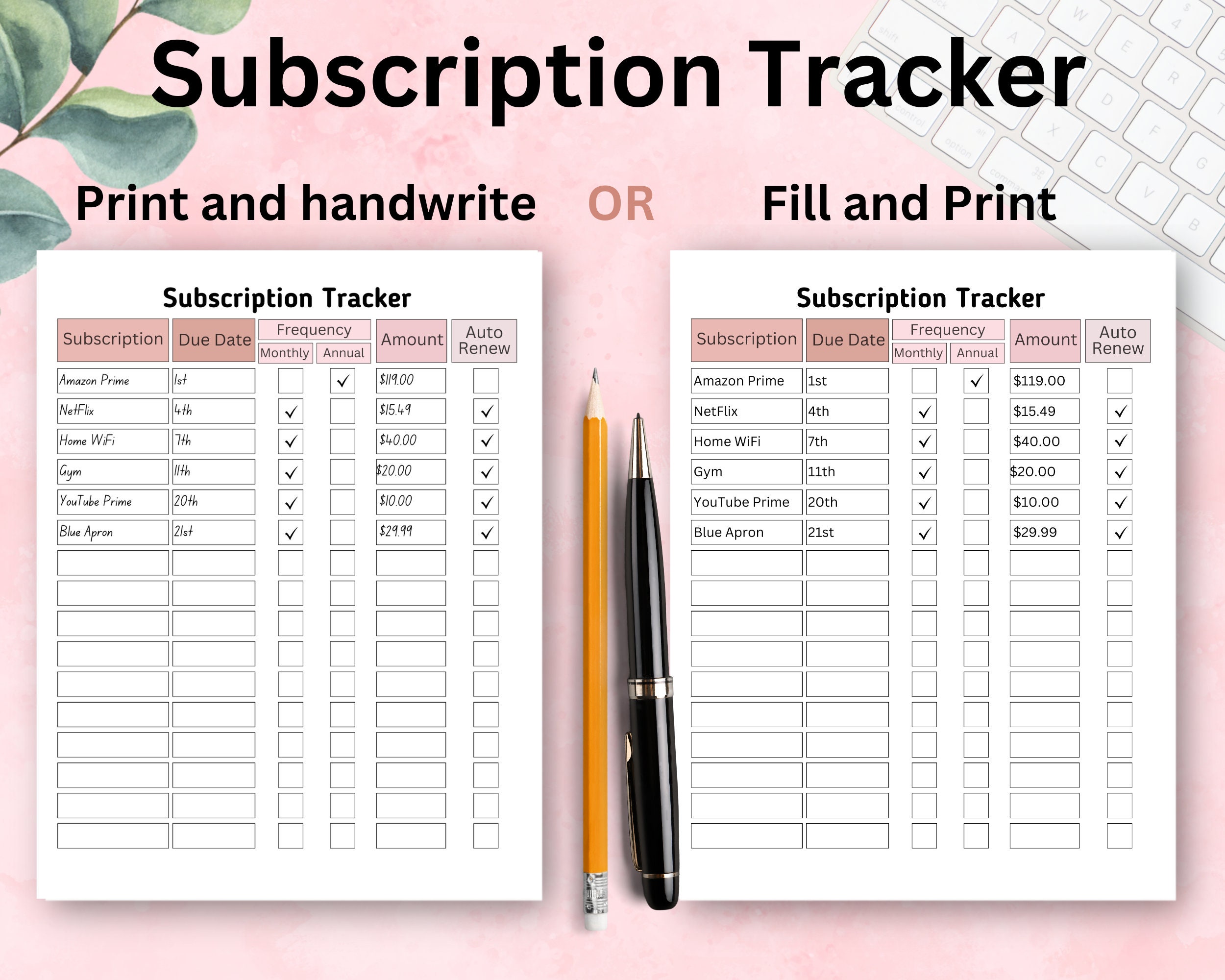 Editable Subscription Tracker Printable Subscription Log - Etsy