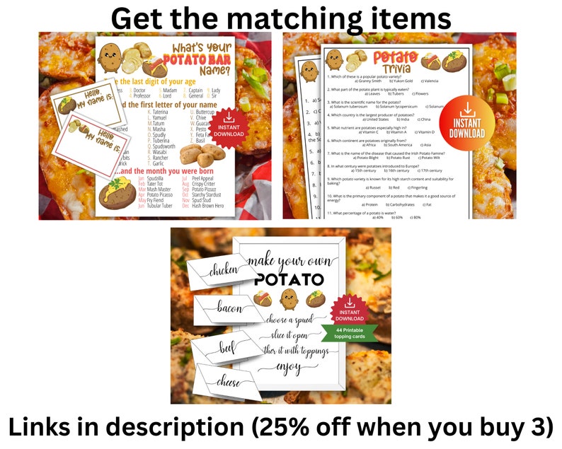 What's Your Potato Bar Name Game WITH NAMETAGS +sign,baked Potato Bar ...