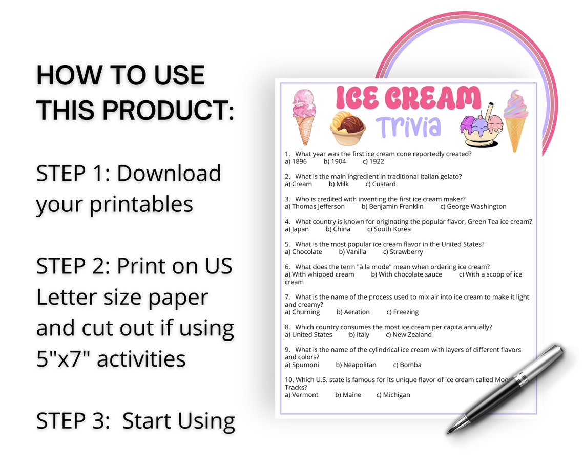 Ice Cream Trivia Game,printable Ice Cream Party Game for Kids & Adults ...