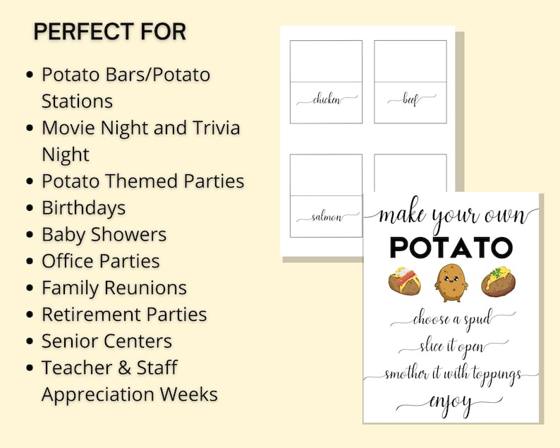 Potato Bar Station Sign & Table Cards, Make Your Own Potato Signs ...
