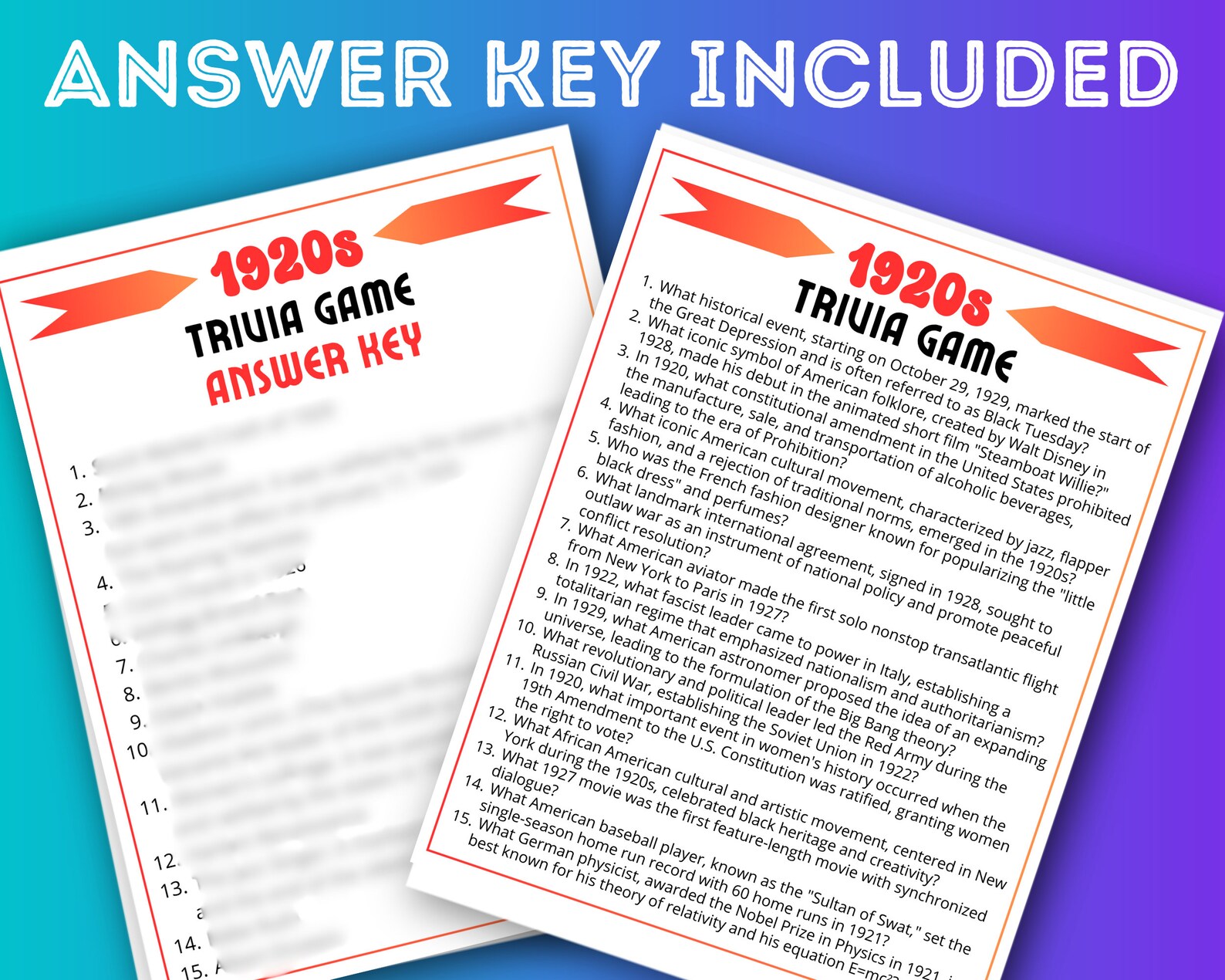 1920s Decade Trivia Game, Trivia Questions, 20s Trivia Quiz, 1960s ...