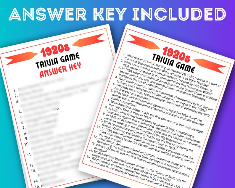1920s Decade Trivia Game, Trivia Questions, 20s Trivia Quiz, 1960s ...