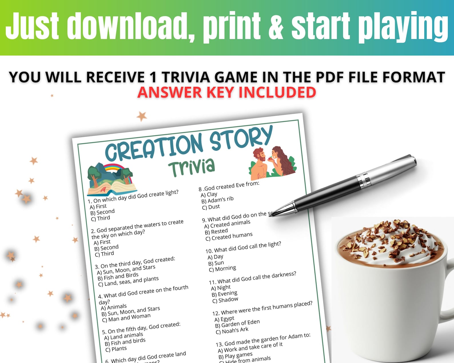 Bible Creation Story Trivia Game for Kids, Sunday School Bible Games ...