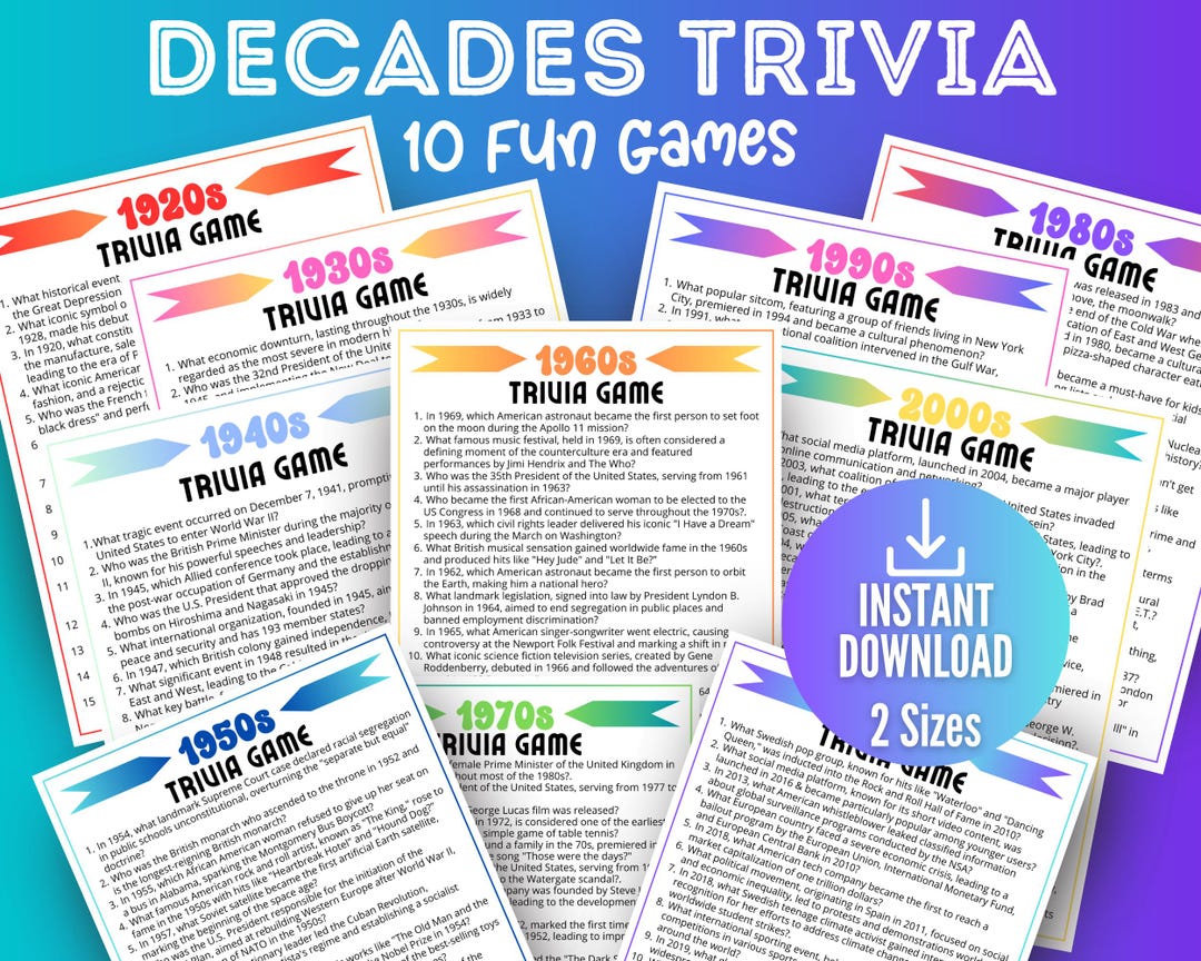 Decades Trivia Game Bundle, Trivia Questions 20s, 30s, 40s, 50s, 60s ...
