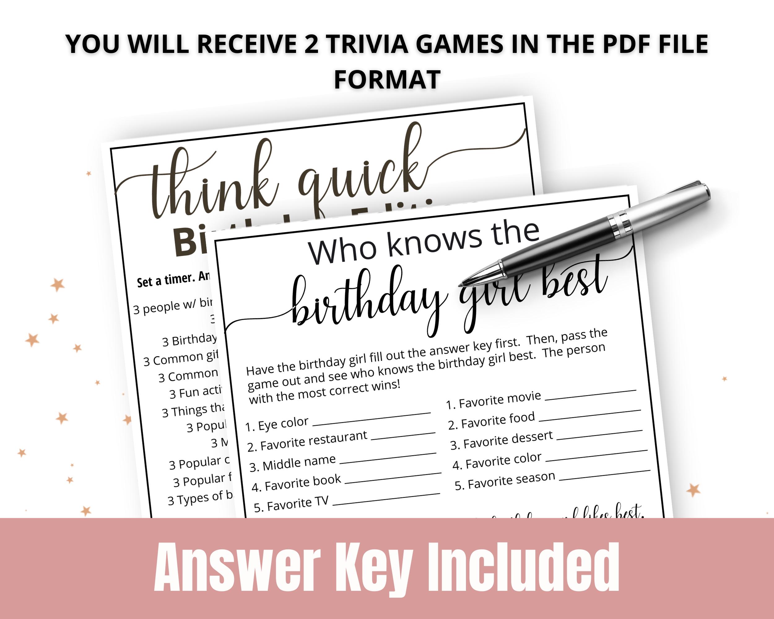 Who Knows the Birthday Girl Best + Think Quick-2 Game Bundle, How Well ...