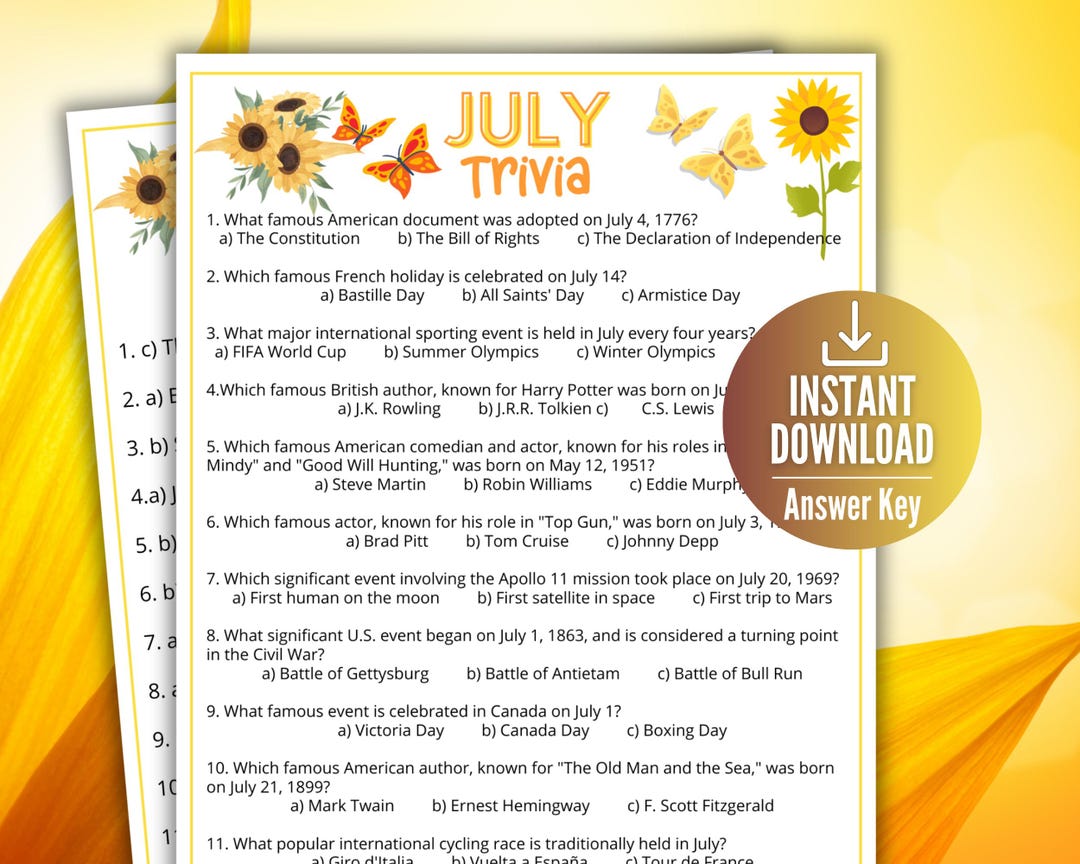 July Trivia Game, Summer Season Game, Holiday Party Game, Monthly ...