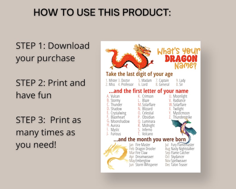 What's Your Dragon Name Game WITH NAMETAGS Sign,dragon Theme Party Game ...