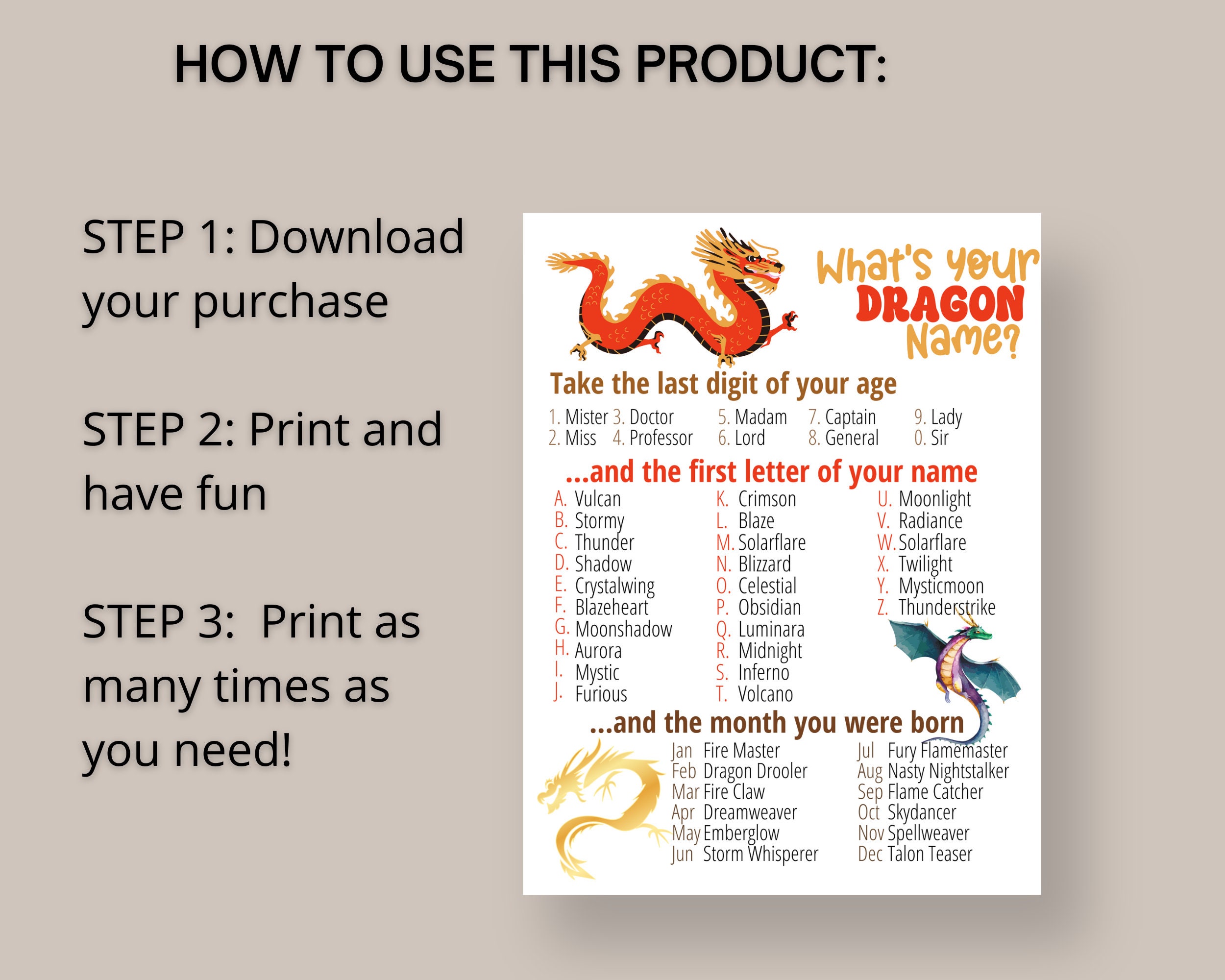 What's Your Dragon Name Game WITH NAMETAGS Sign,dragon Theme Party Game ...