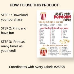 What's Your Popcorn Name Game WITH NAMETAGS + SIGN, Popcorn Party Game ...