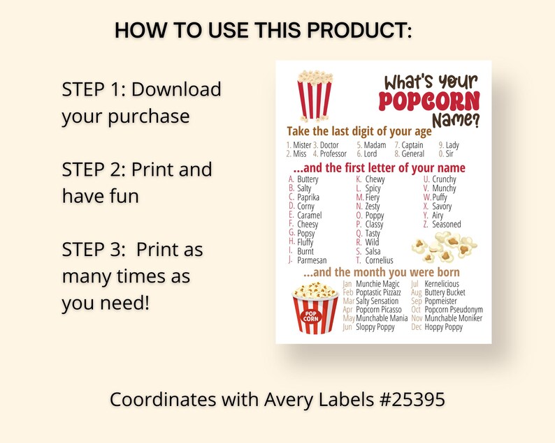 What's Your Popcorn Name Game WITH NAMETAGS + SIGN, Popcorn Party Game ...