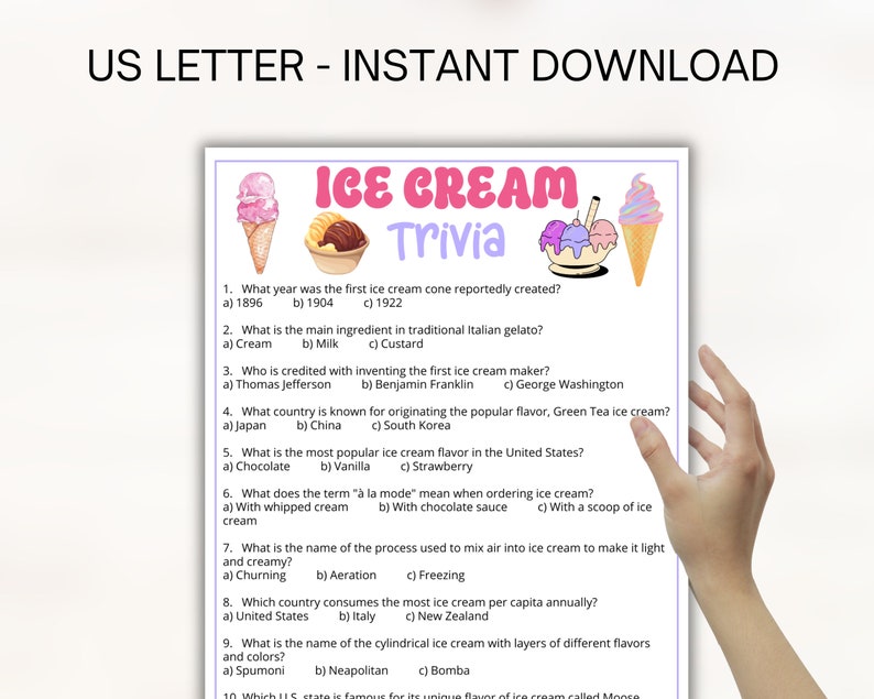 Ice Cream Trivia Game,printable Ice Cream Party Game for Kids & Adults ...