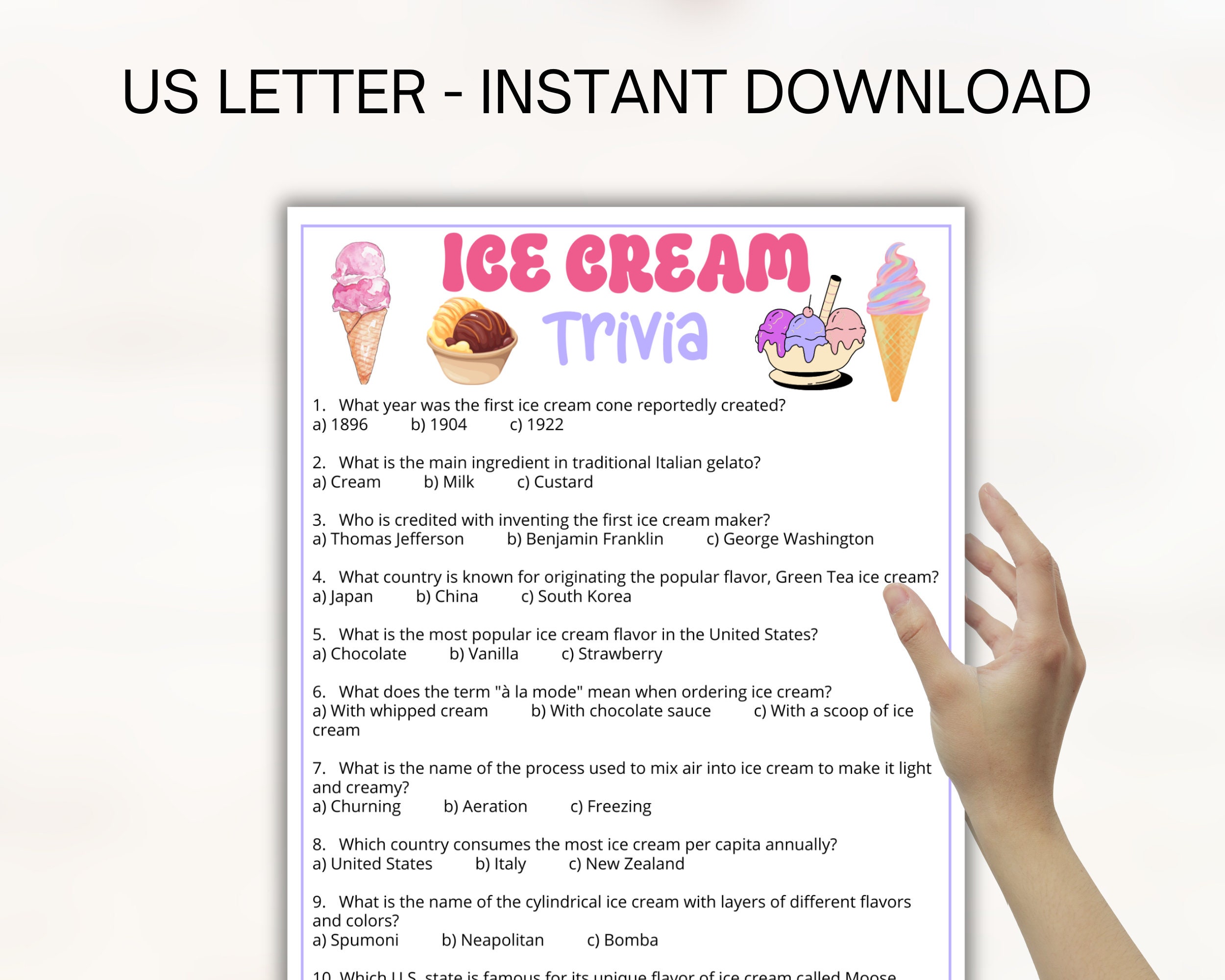 Ice Cream Trivia Game,printable Ice Cream Party Game for Kids & Adults ...