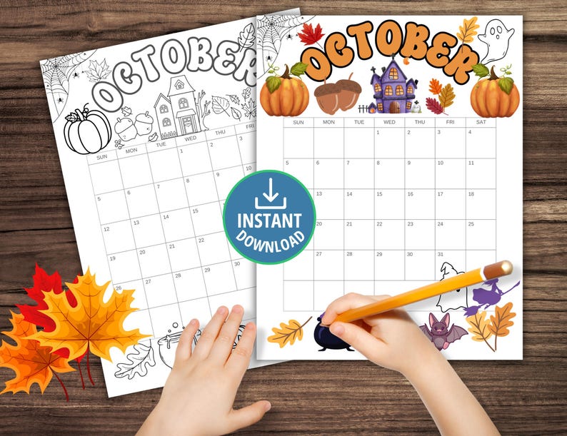 Coloring Calendar for October 2025, Monthly Coloring Calendar for Kids ...