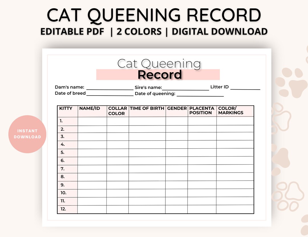 Cat Queening Record, Cat Breeder Forms, Cat Litter Form, Digital ...