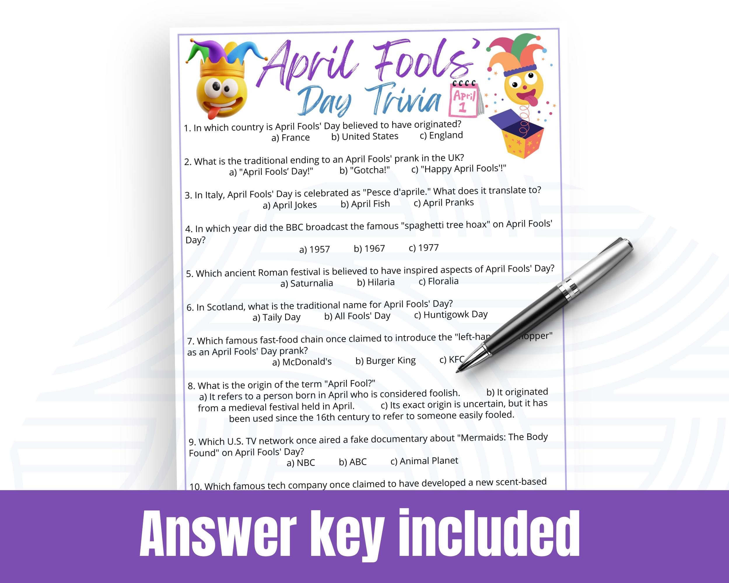 April Fools' Day Trivia, Printable Multiple Choice April Fools' Day ...