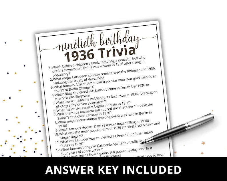 1936 Trivia Game, 90th Birthday Party Games, Born in 1936 Game, 1935 ...