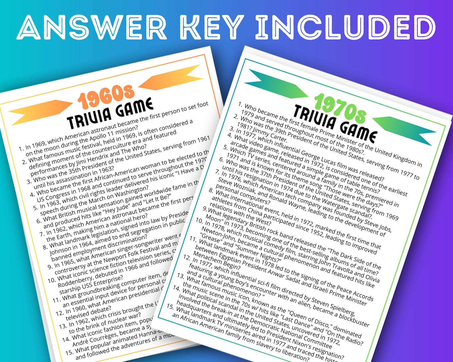Decades Trivia Game Bundle, Trivia Questions 20s, 30s, 40s, 50s, 60s ...
