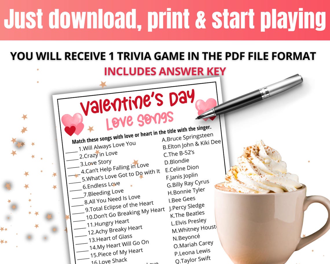 Valentine's Day Love Song Trivia Game, Romantic Music Match, Valentine ...