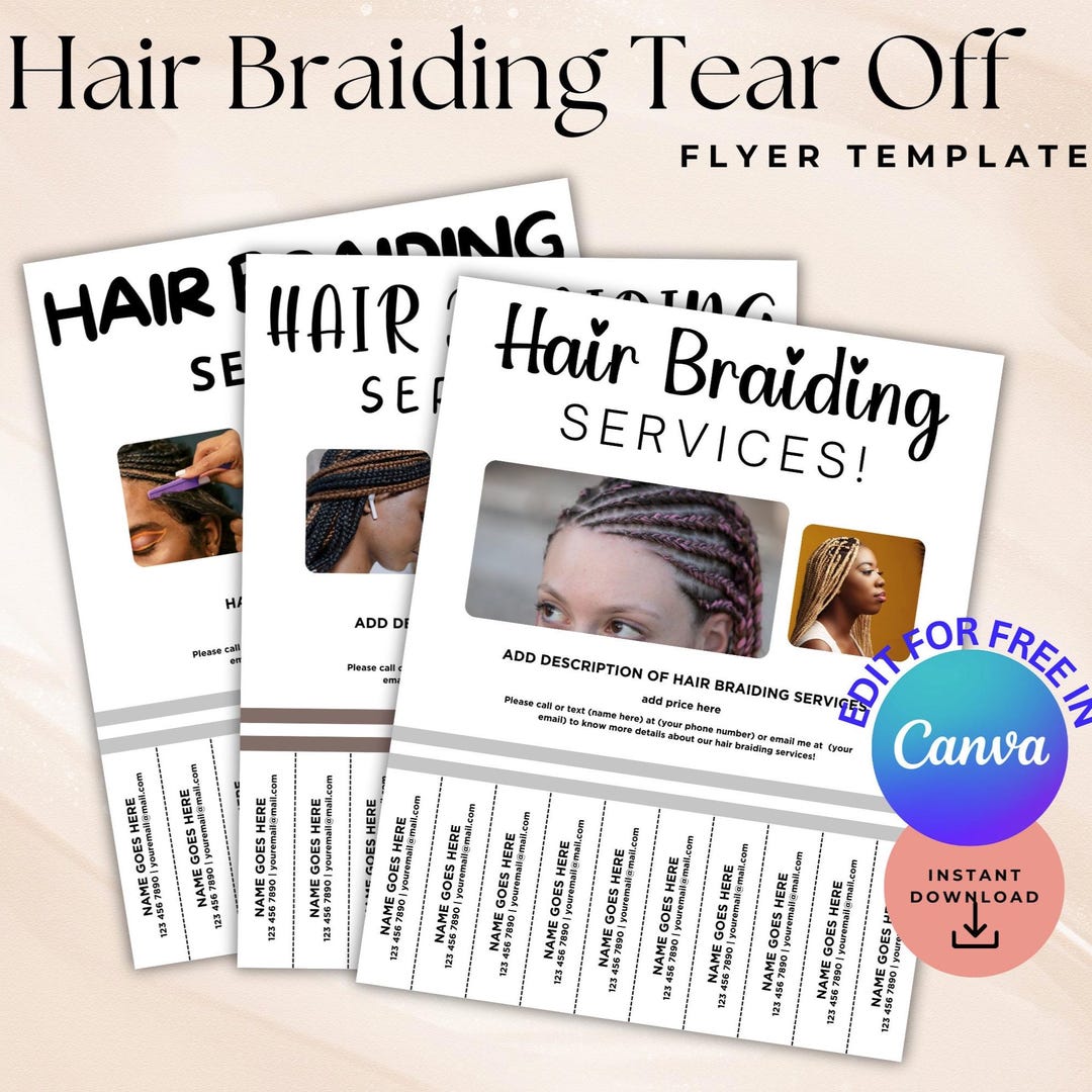 Editable Hair Braiding Marketing Flyer, Hair Beading Tear off Flyer ...