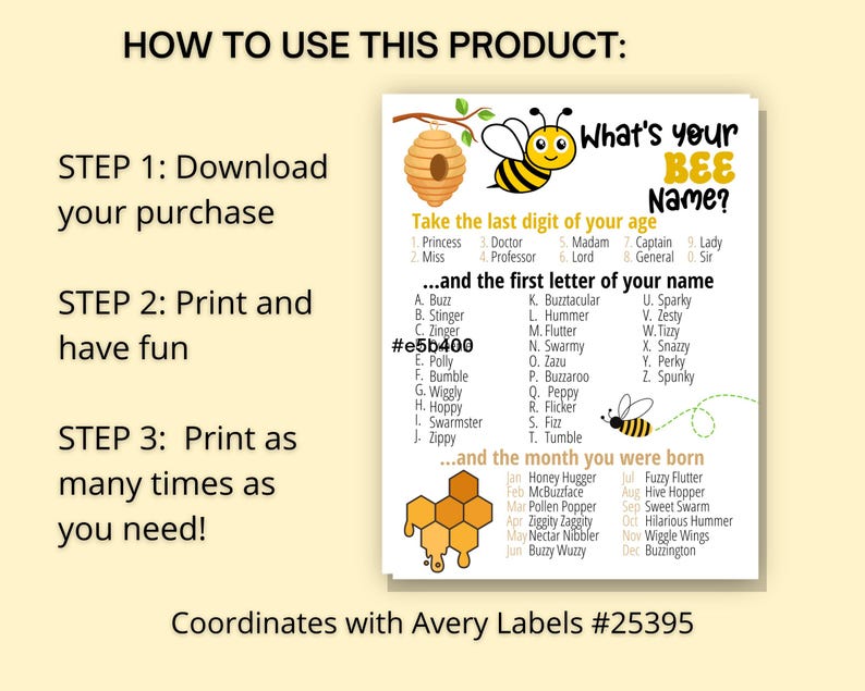 What's Your Bee Name Game WITH NAMETAGS + SIGN, What Will Your Baby Bee ...