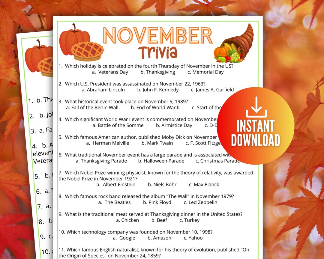 November Trivia Game, Fall Season Game, Autumn Party Game, Monthly Fall ...