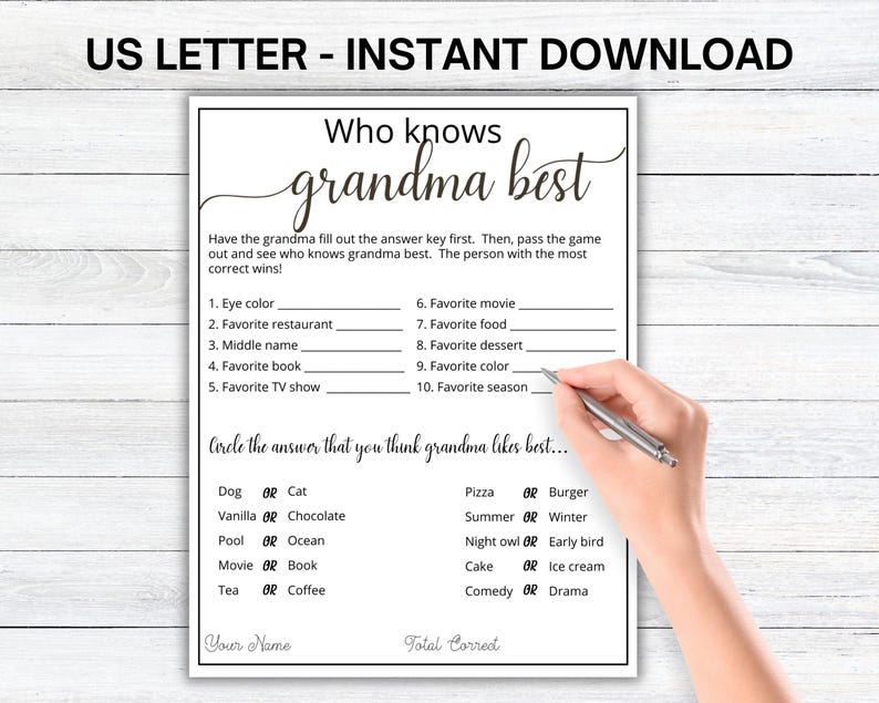 Who Knows Grandma Best Game, Printable Mother's Day Game, Grandparents ...