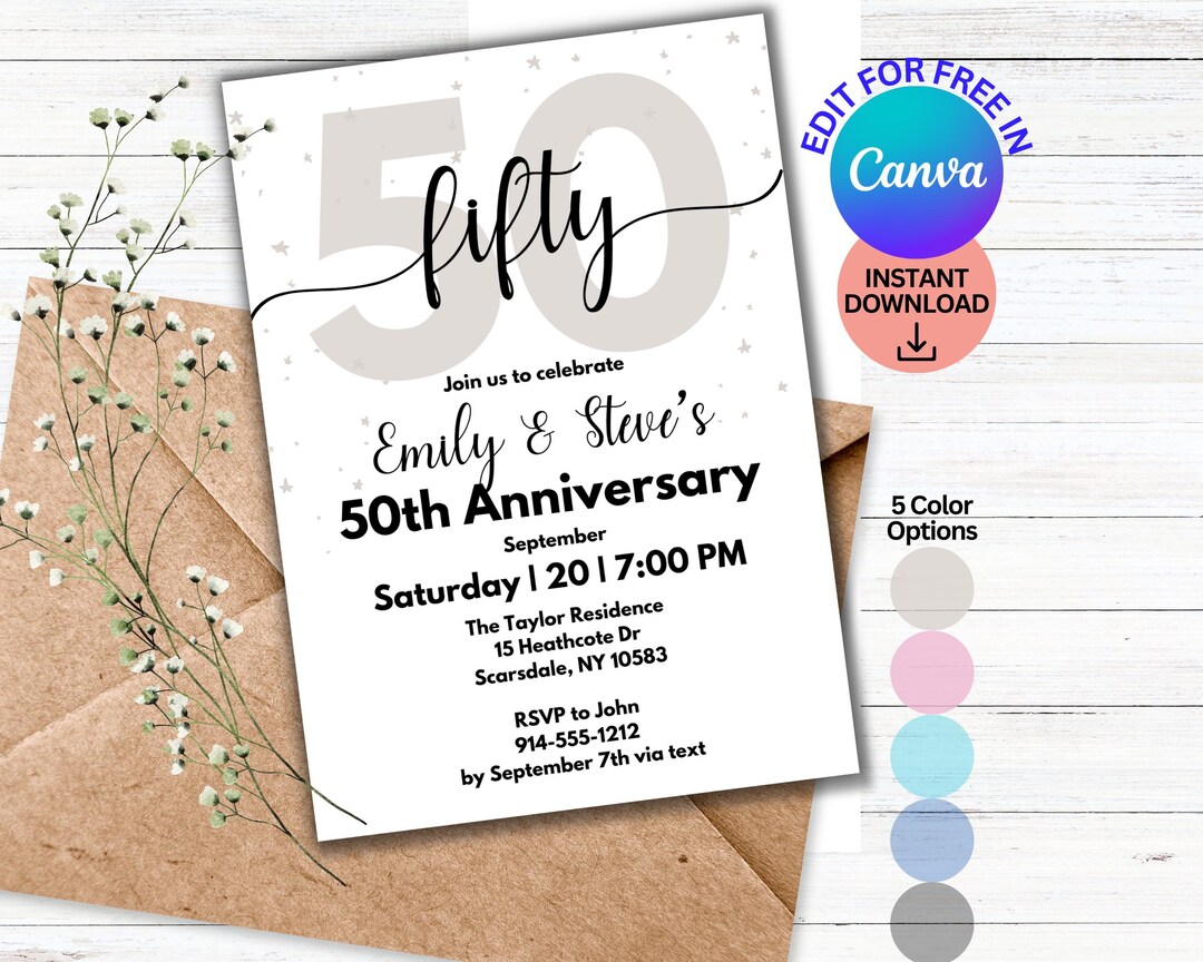 50th Anniversary Invitations, Editable 50th Anniversary Party Invite ...