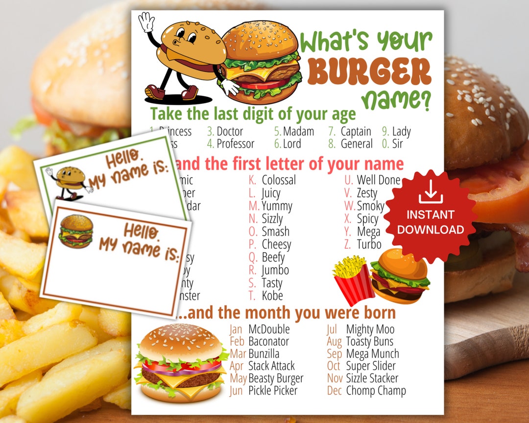 What's Your Burger Name Game With NAMETAGS & SIGN, Baby-q Party Game ...